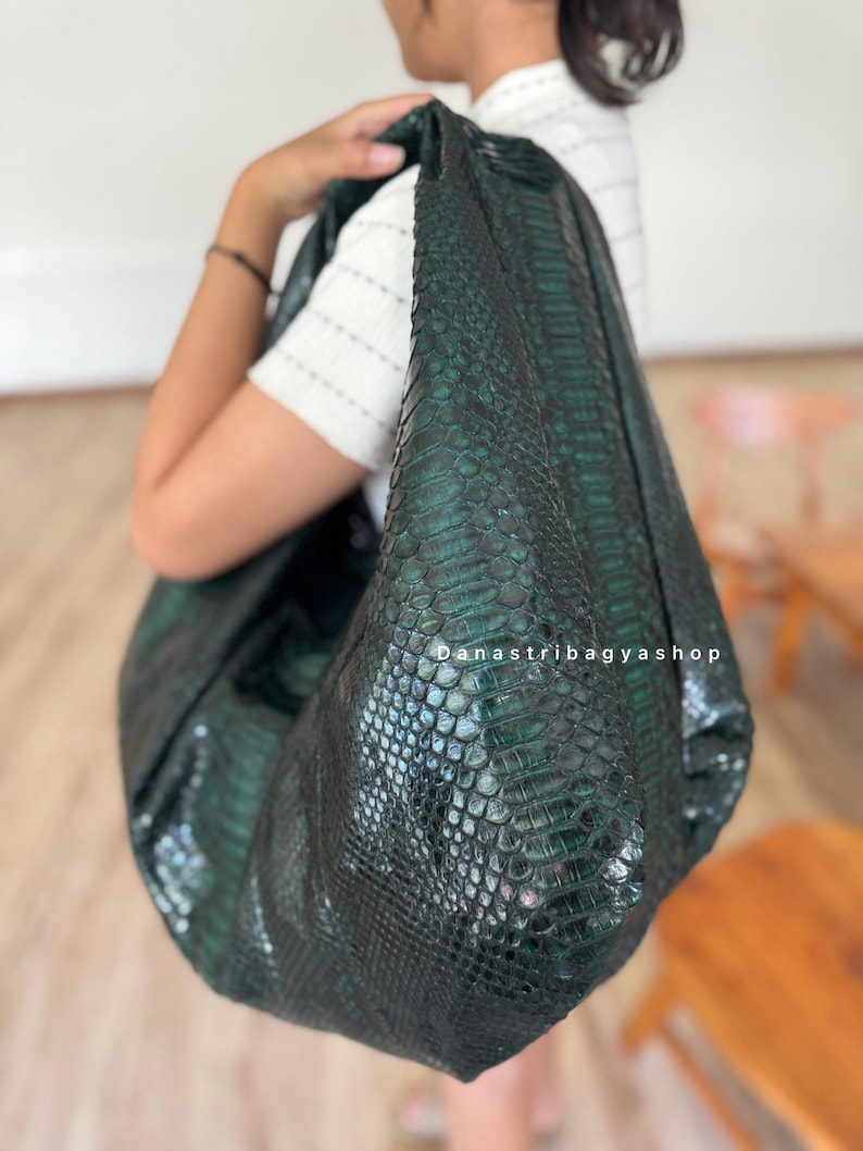 Emerald Green Python Leather Hobo Bag, Oversized Luxury Snakeskin ...