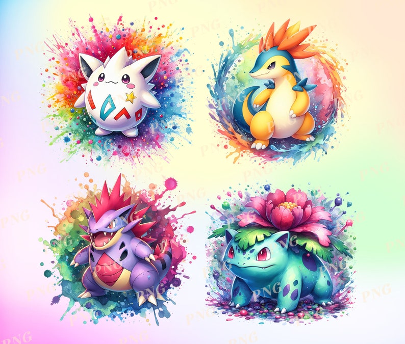22 Watercolor Poke Monster Png Bundle, Cartoon Png Designs, Cartoon ...