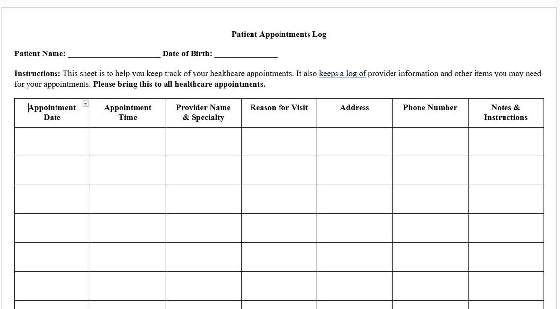 Patient Appointment Log | Printable and Editable Medical Tracker - Etsy