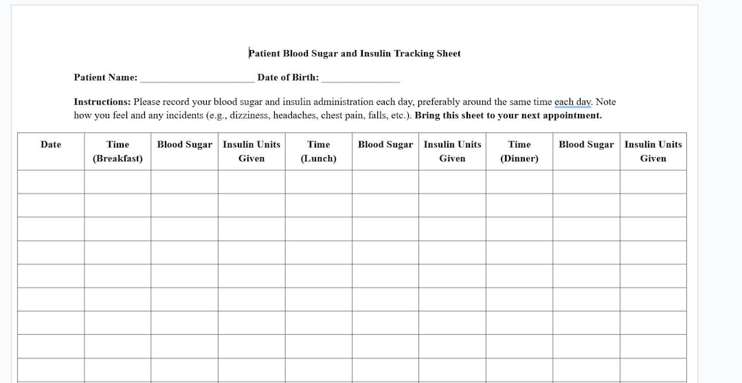 Patient Blood Sugar and Insulin Tracking Log Printable and Editable ...