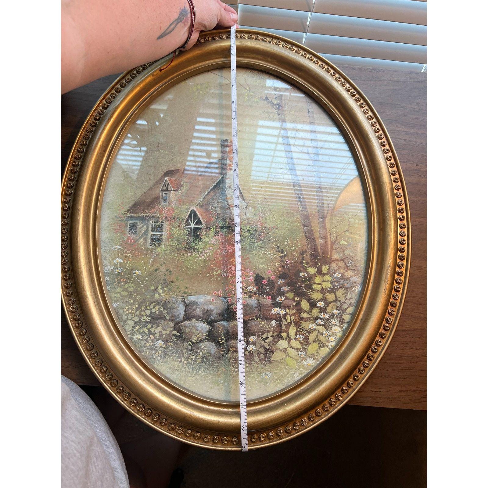 Large Vtg Framed Oval Cottage Print in Gold Ornate Frame - Cottagecore ...