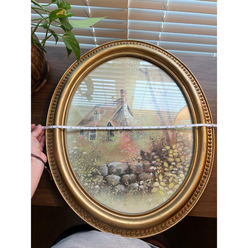 Large Vtg Framed Oval Cottage Print in Gold Ornate Frame - Cottagecore ...