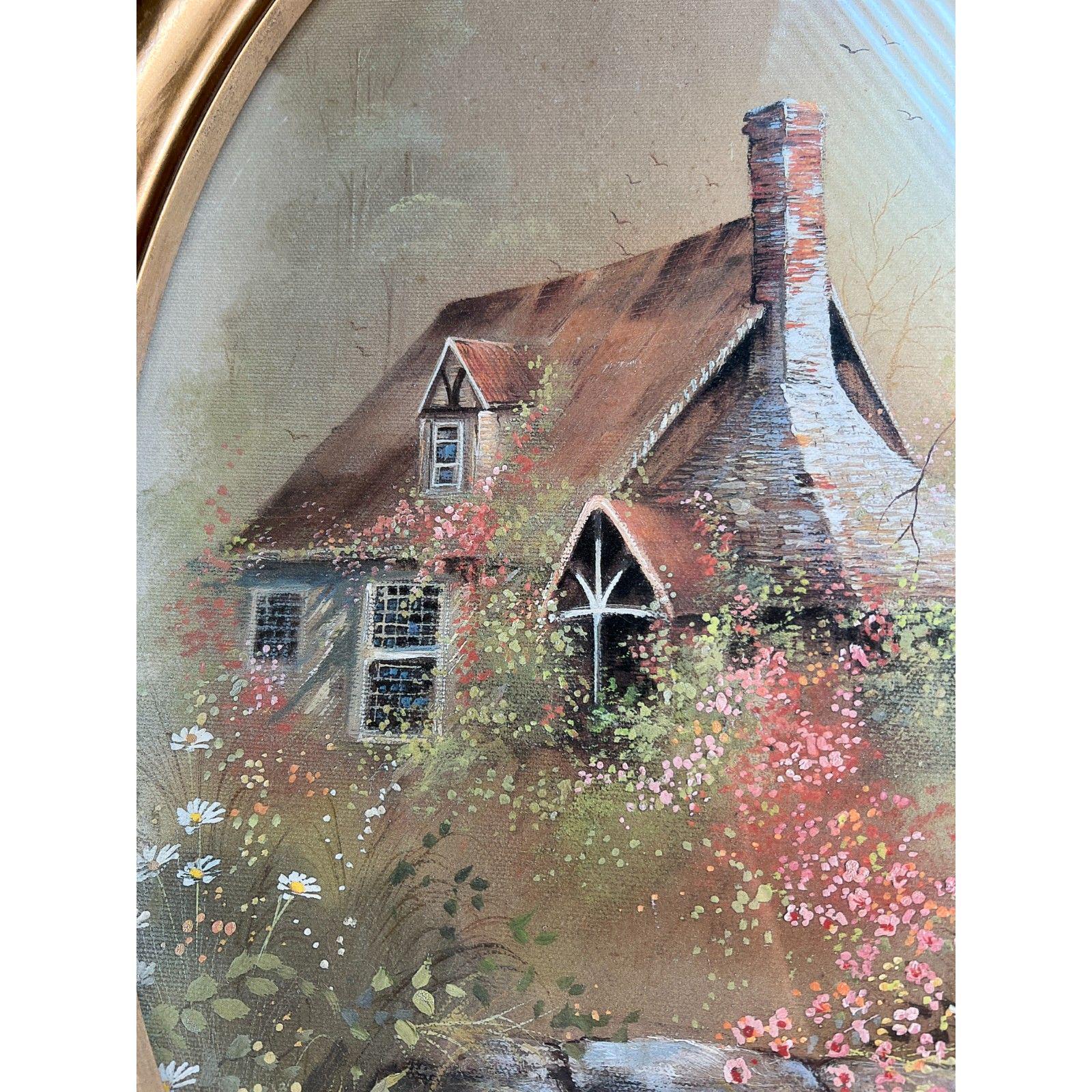 Large Vtg Framed Oval Cottage Print in Gold Ornate Frame - Cottagecore ...