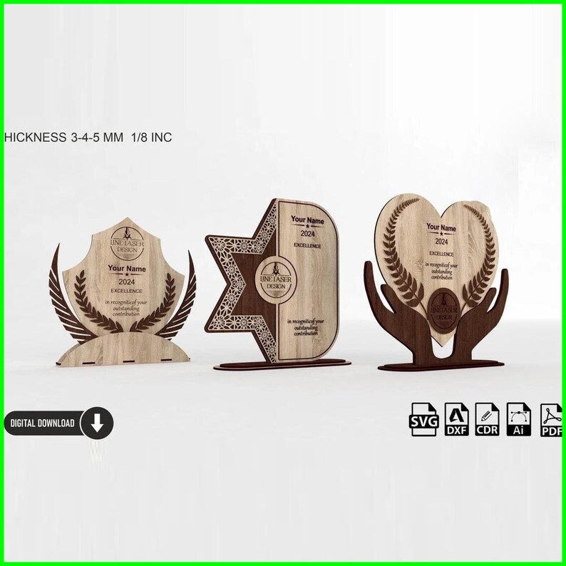 3 Award Trophy Designs | Laser Cut Files Pack | CDR Dxf AI Vector File ...
