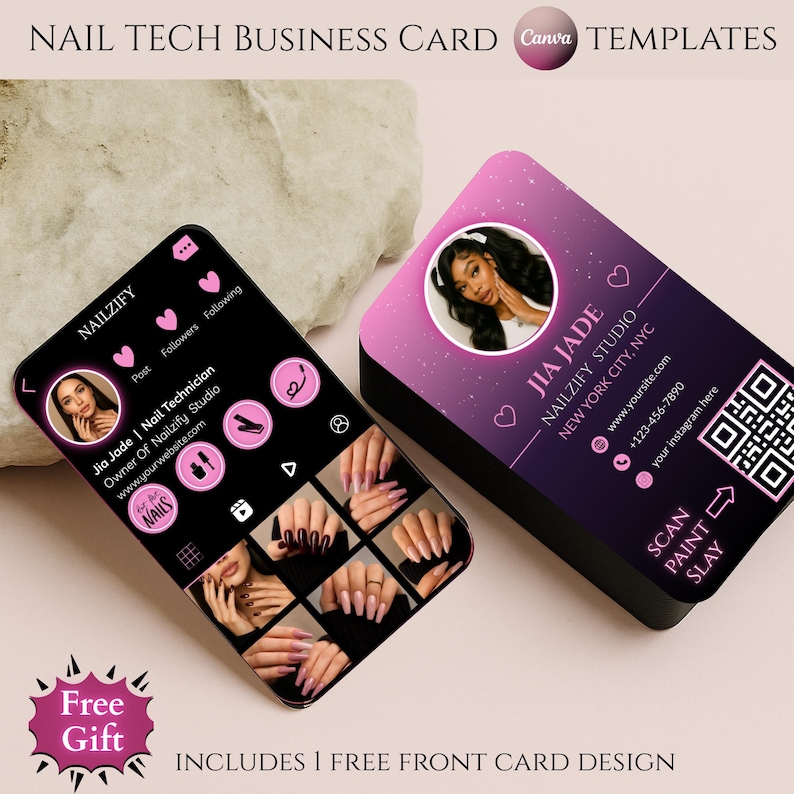 Nails Business Card | Nail Tech Instagram QR Code Card | Editable Canva ...