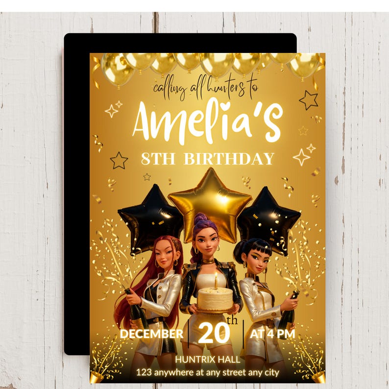 KPOP Demon Hunters Birthday Invitation, Huntrix Golden Invitations ...