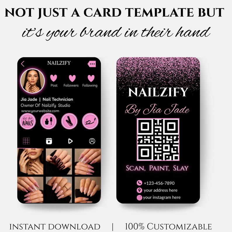 Nails Business Card | Nail Tech Instagram QR Code Card | Editable Canva ...