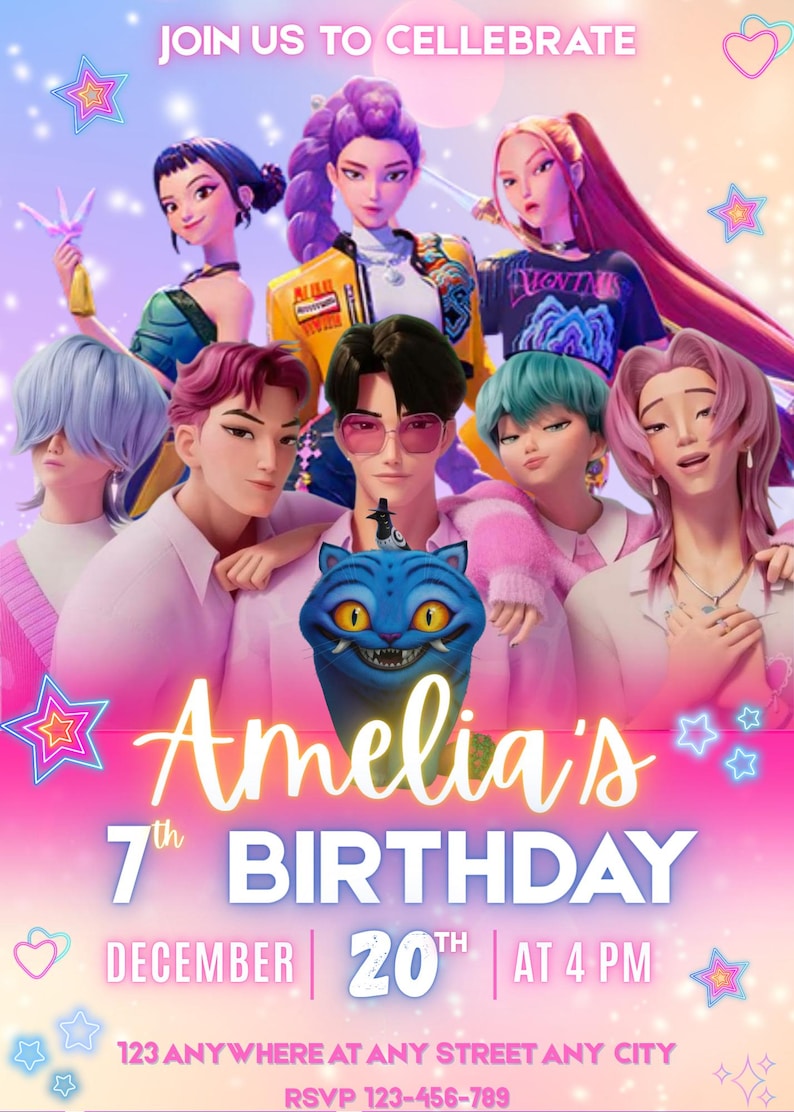 KPOP Demon Hunters Birthday Invitation, Huntrix Golden Anime Invite ...