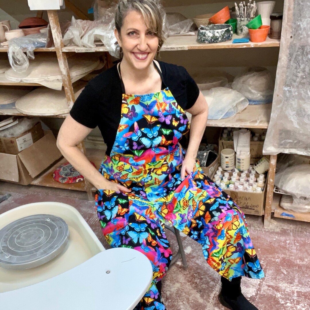 Pottery Apron, Multi-color Butterfly Print - Full Coverage, Split Leg ...