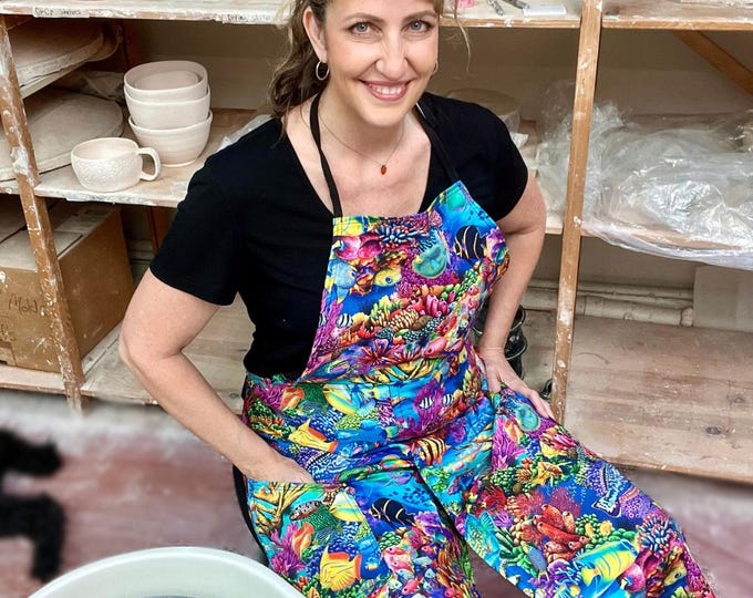 Pottery Apron, Ocean Print - Full Coverage, Split Leg, 2 Pockets - for ...