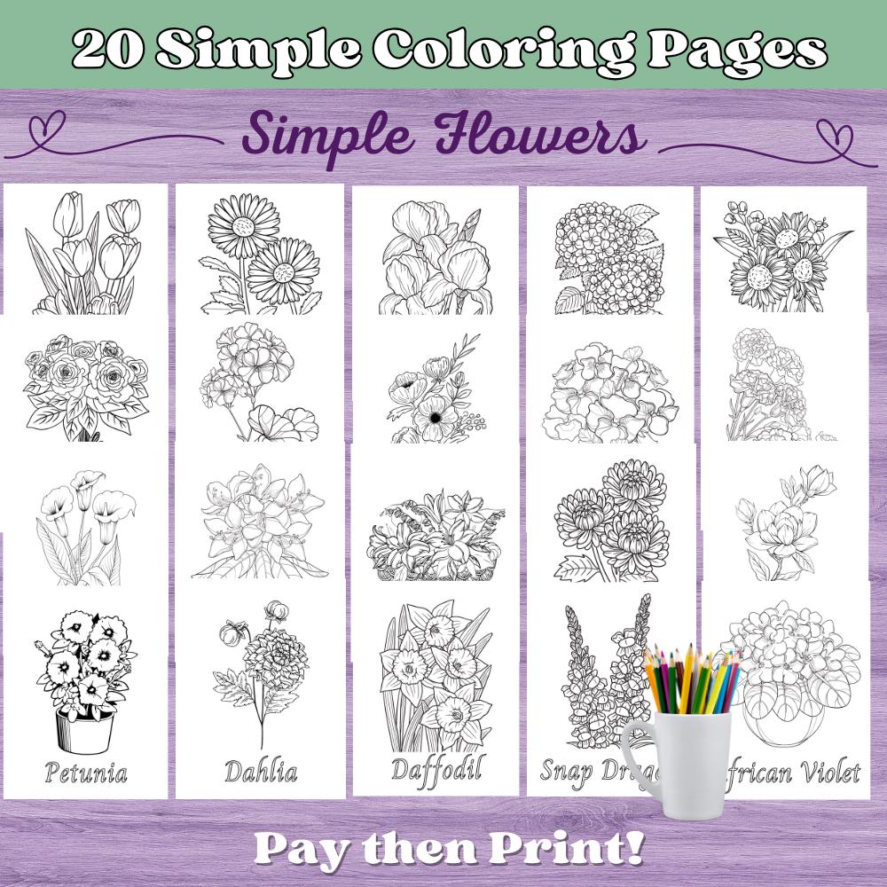 Easy Coloring Pages- Flowers - Etsy