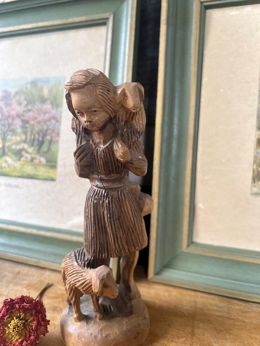 Wood Carved Shepherd With Lambs, Sheep. - Etsy