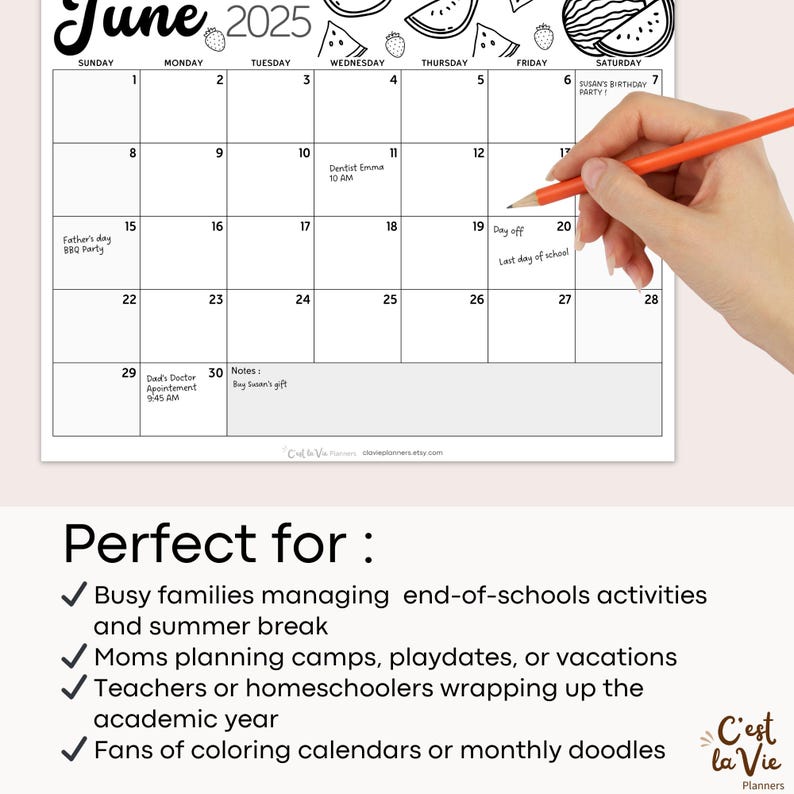 June 2025 Editable Calendar Family Planner for Summer End of School and ...