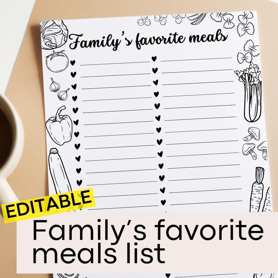 Favorite Meal List Printable for Family Meal Planner Dinner Ideas Menu ...
