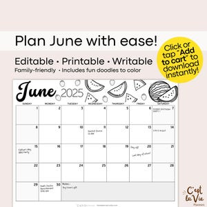 June 2025 Coloring Calendar: Editable Family Planner (letter Size PDF ...