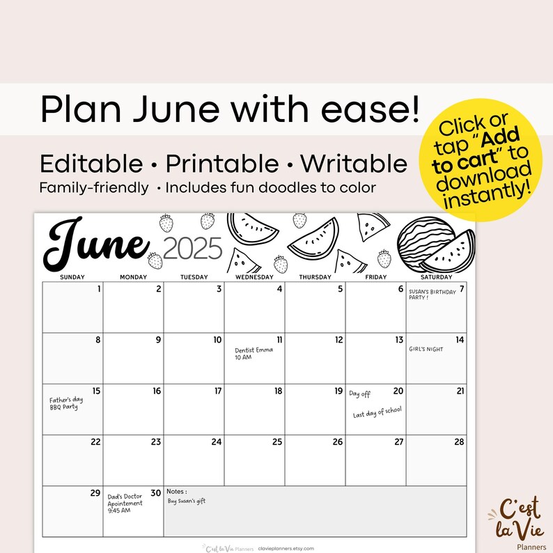 June 2025 Coloring Calendar: Editable Family Planner (letter Size PDF ...