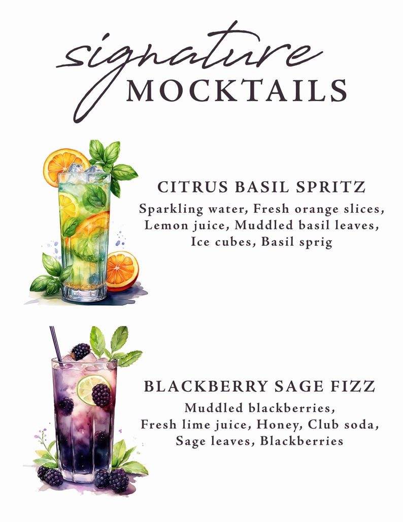 Signature Mocktail Sign – Citrus Basil Spritz and Blackberry Sage Fizz ...
