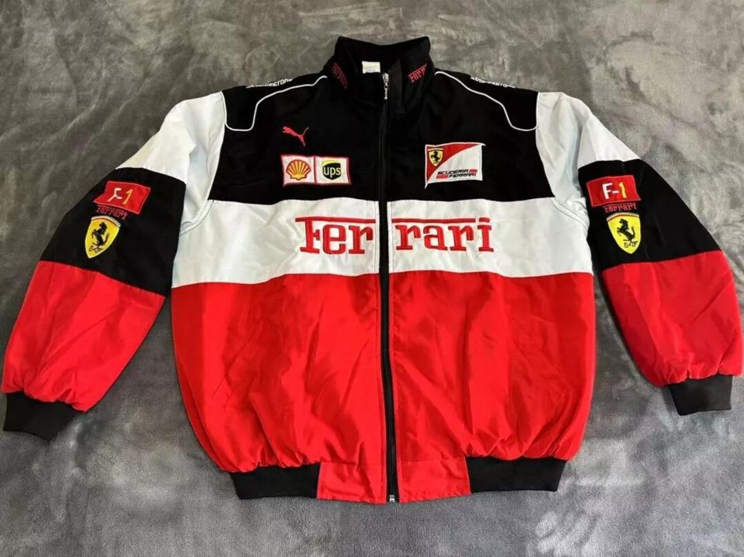 Unisex Ferrari F1 Racing Jacket – White Embroidered Cotton Padded ...