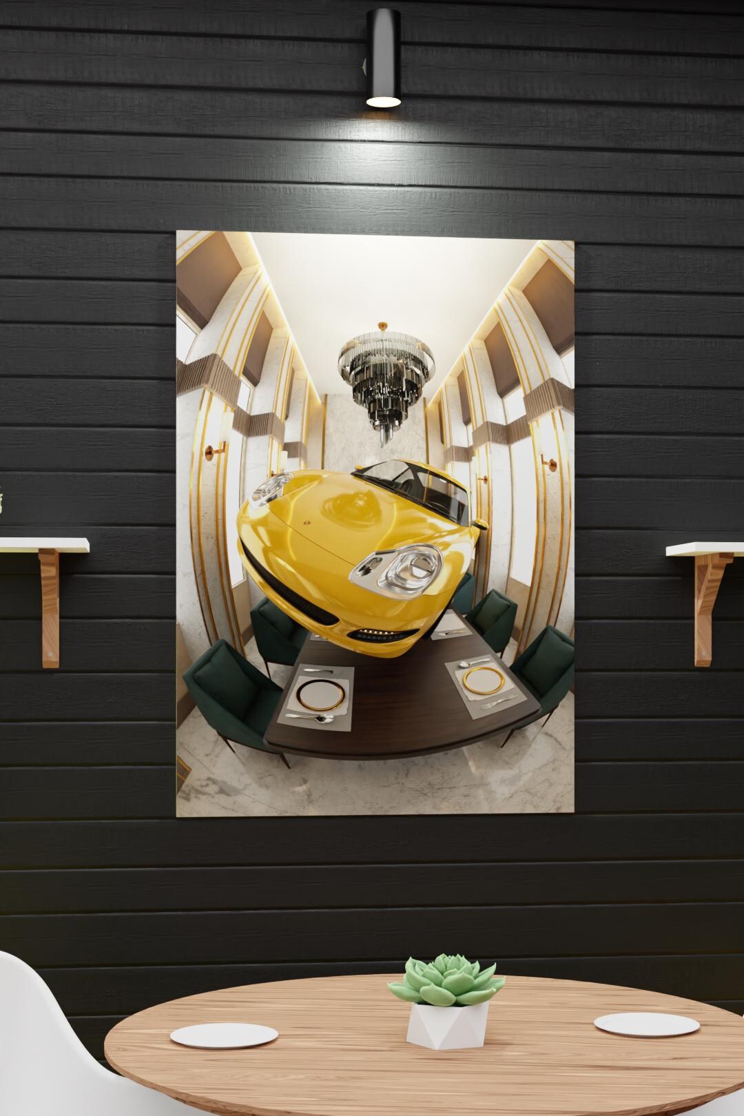 Gold Porsche Flying Through Dining Room Digital Wall Art – Modern ...