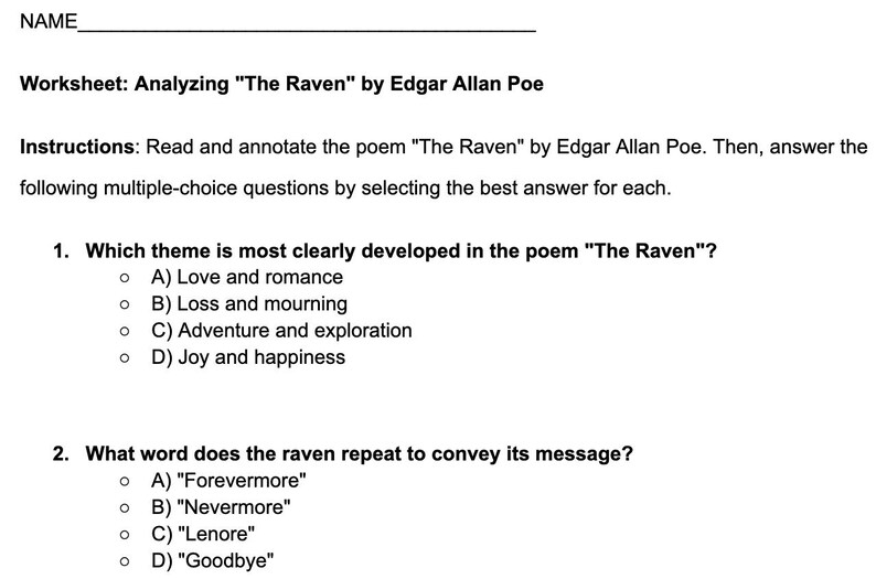 Edgar Allan Poe's "the Raven" Multiple Choice Questions - Etsy