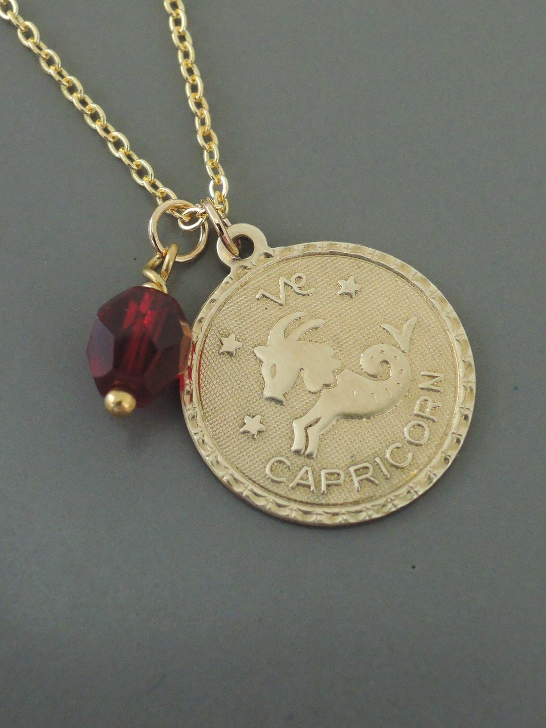 Vintage Capricorn Necklace: Ruby Birthstone, Gold Astrology Pendant - Etsy