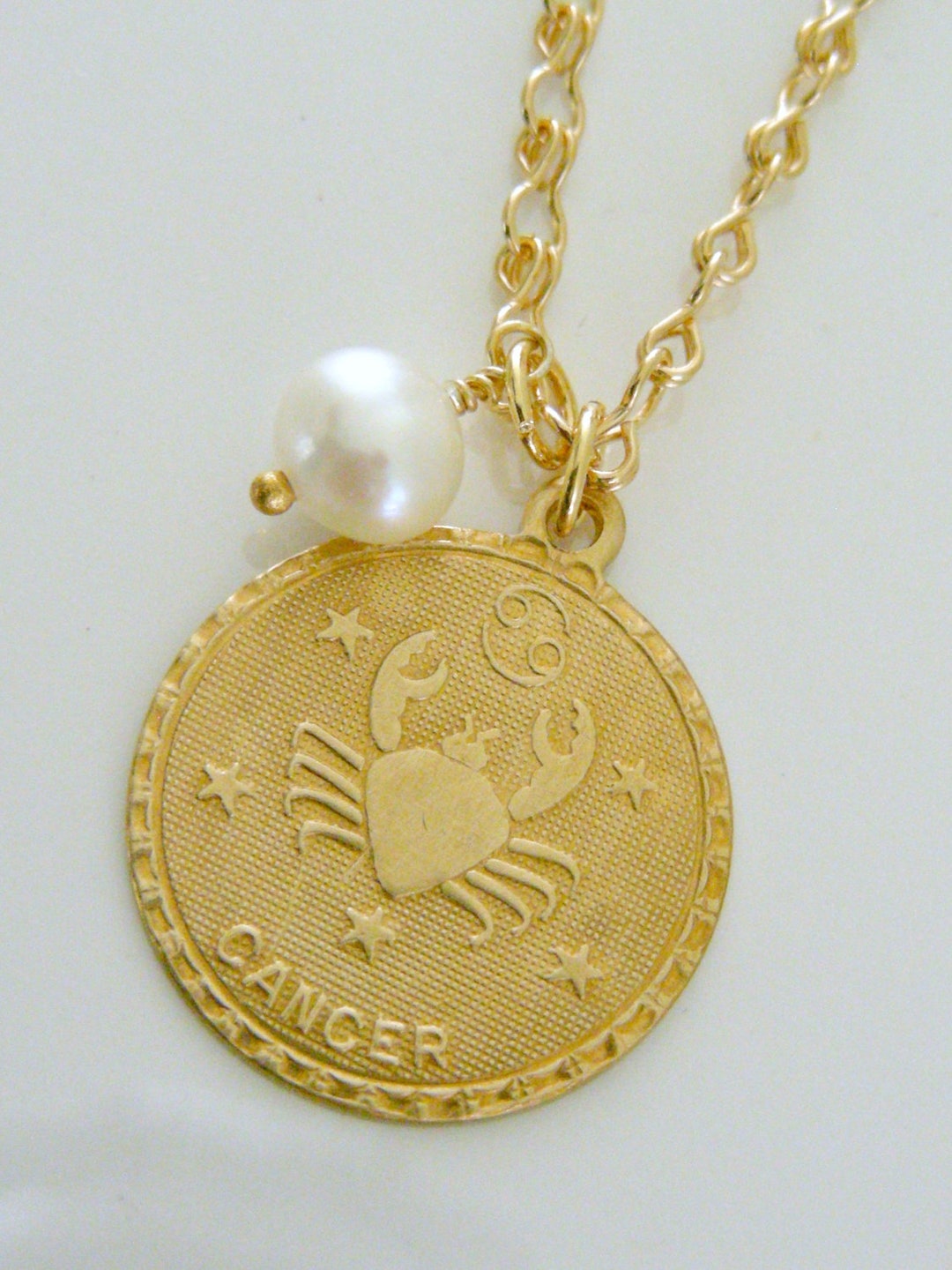 Vintage Brass Cancer Necklace: Pearl July Birthstone Pendant - Etsy