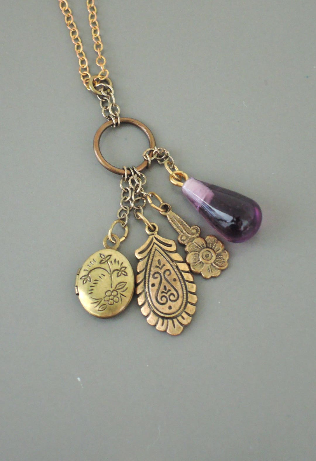 Vintage Brass Charm Necklace: Amethyst Locket Tassel Necklace - Etsy