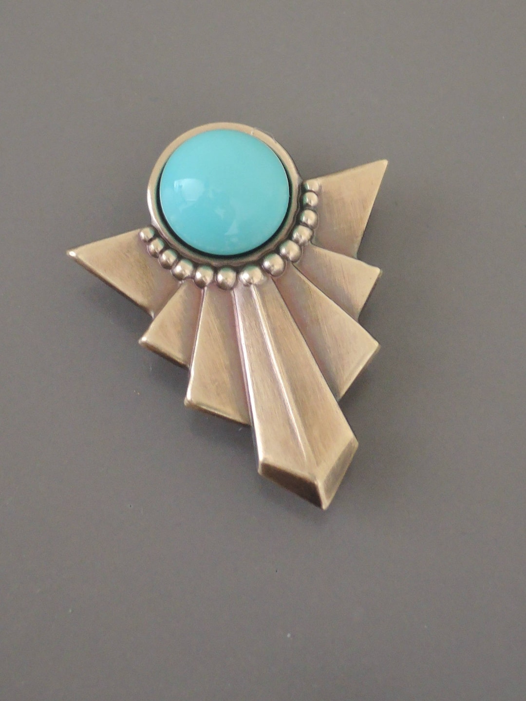 Vintage Art Deco Brass Brooch With Turquoise Glass Stone - Etsy
