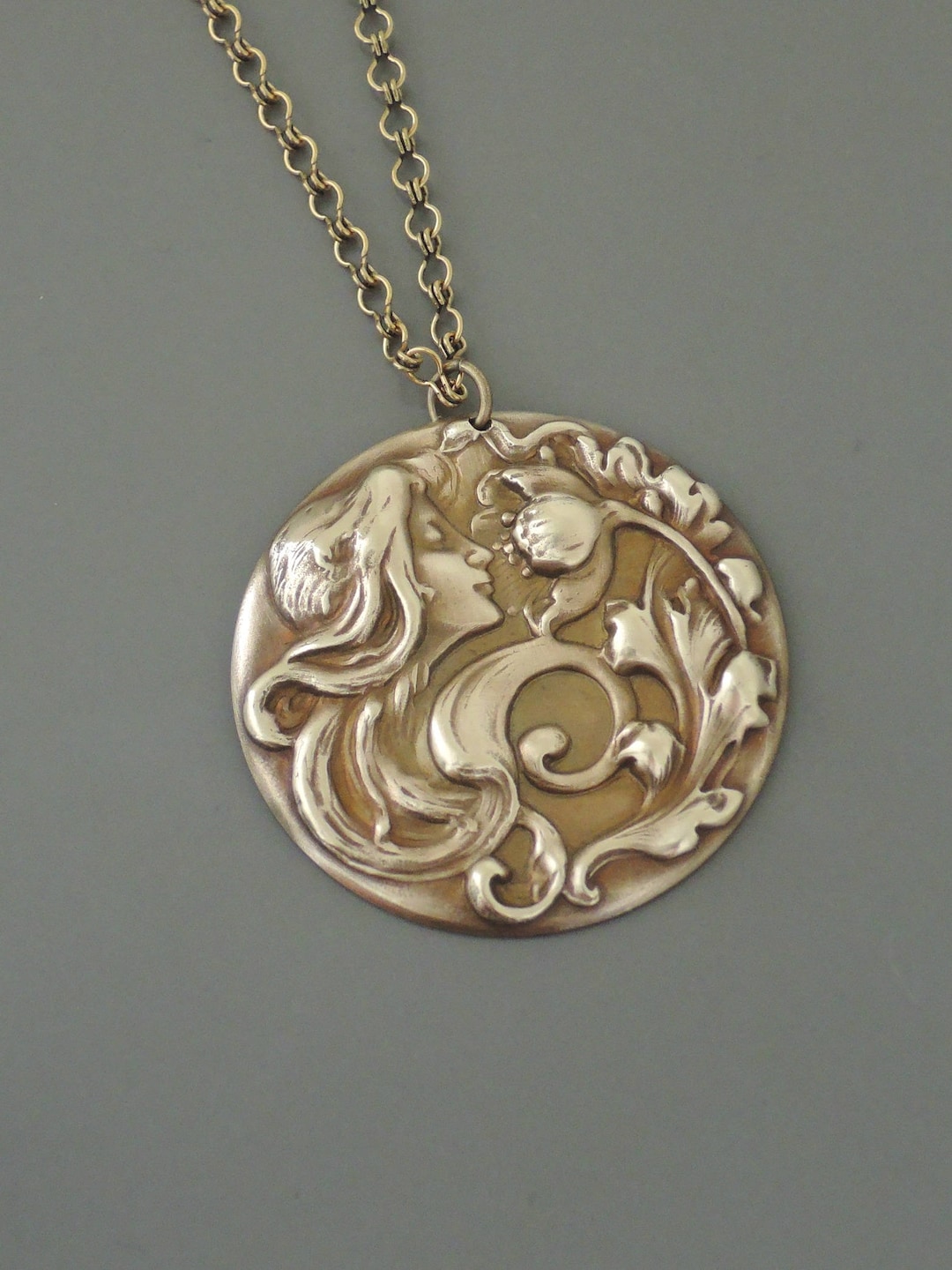 Vintage Art Nouveau Brass Necklace: Mucha Woman & Poppy Pendant - Etsy