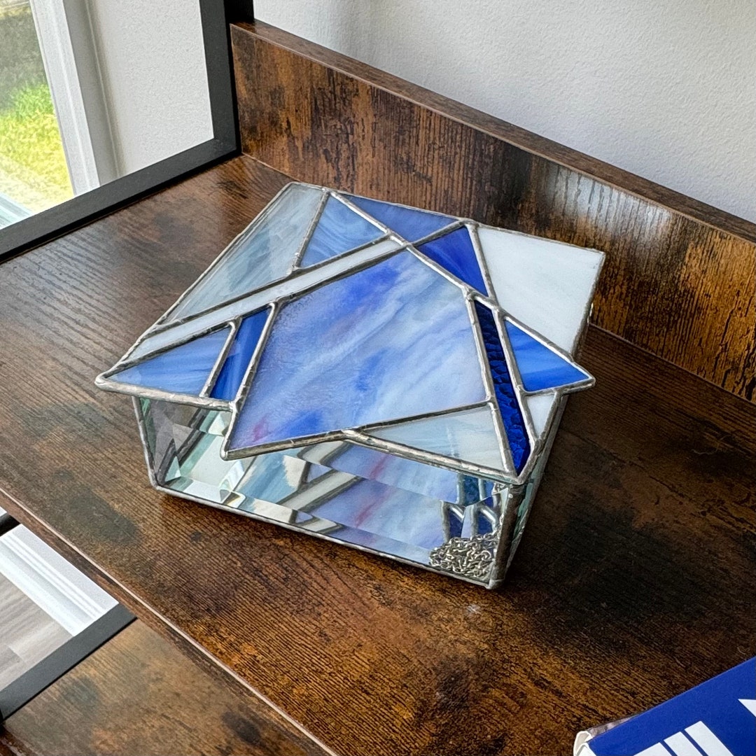 Stained Glass Jewelry Box, Cobalt Blue Stained Glass Box, Star of David ...