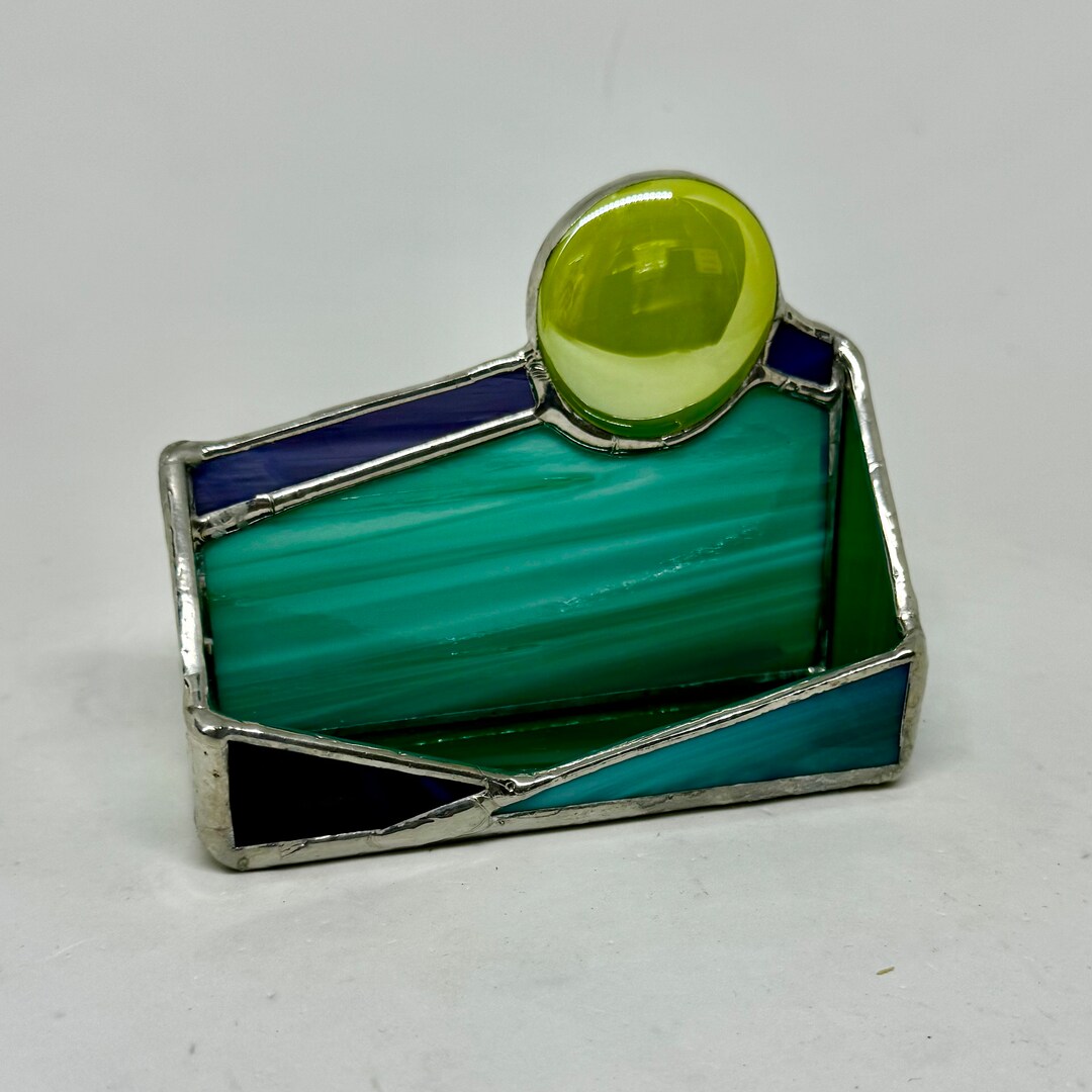 Stained Glass Business Card Holder: Turquoise & Purple Phone Stand - Etsy