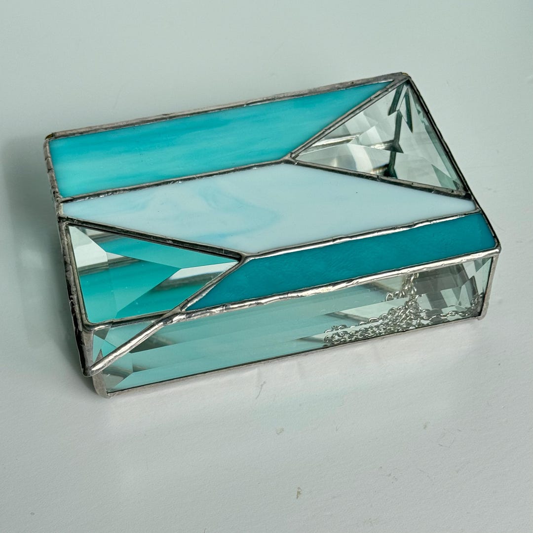 Turquoise Sky Blue Stained Glass Box: Triangle Bevel Trinket Box - Etsy