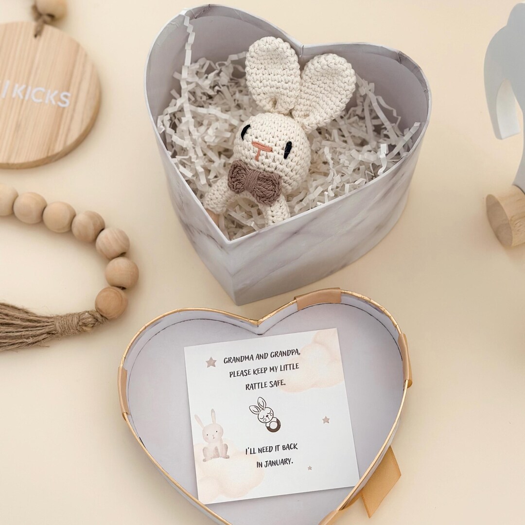 Grandparents Pregnancy, Announcement Gift - Knitted Bunny, Rattle Box ...