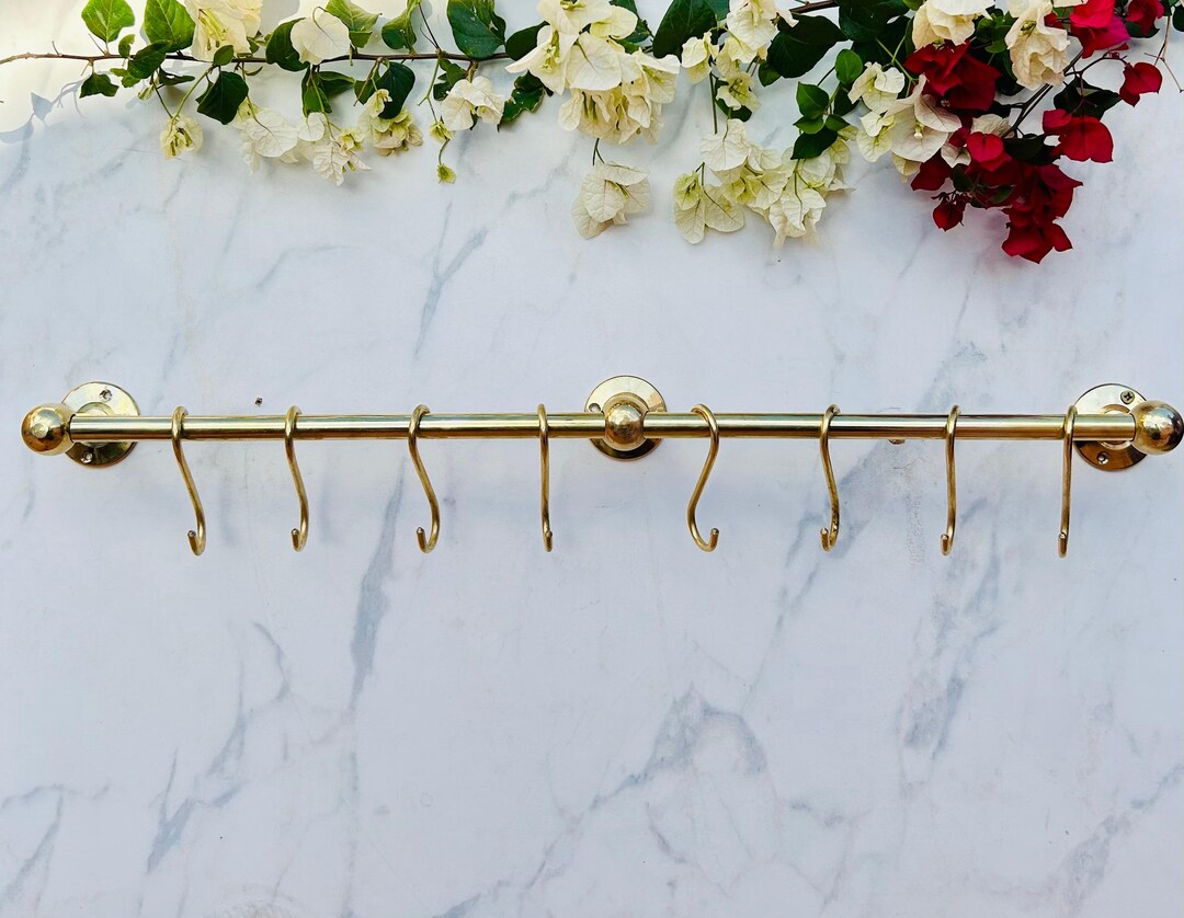 Unlacquered Solid Brass Hanging Pot Rack – Antique Brass Kitchen Rail ...