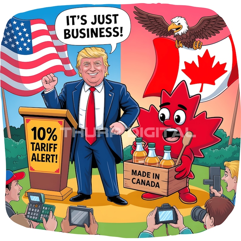 Cartoon Donald Trump Tariff on Canada PNG – Funny Political Cartoon ...