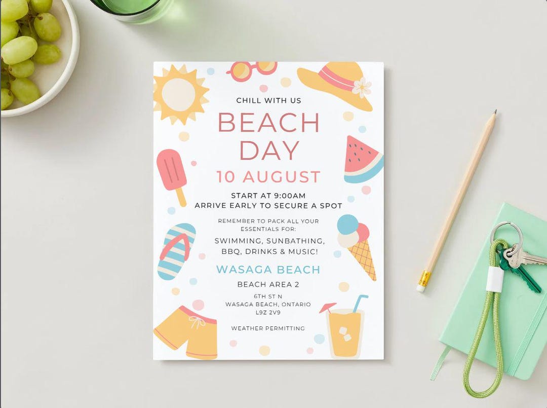 Summer Beach Day Party Invitation - Editable and Printable - Canva ...