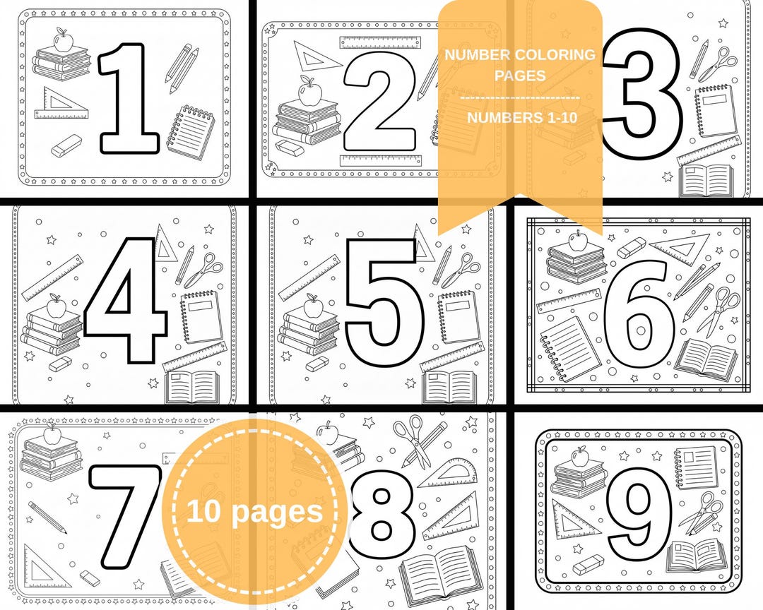 Educational Number Coloring Pages 1–10 – School Theme With Books ...