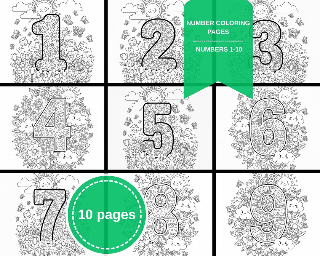 Nature-themed Number Coloring Pages 1–10 – Flowers, Clouds, Sun ...