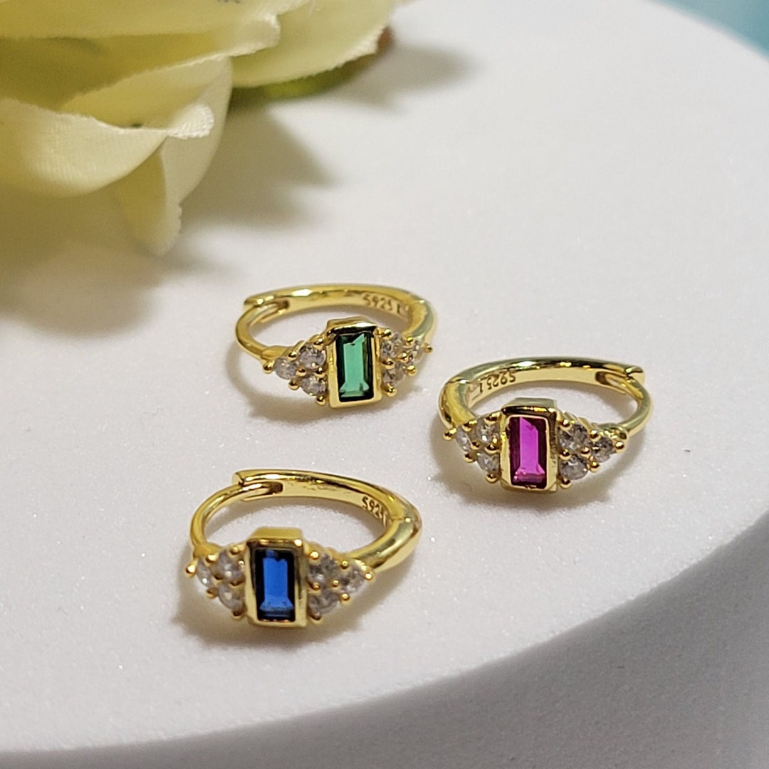 Dainty CZ Baguette Hoop Earrings Gold Cartilage Stack Earrings in ...