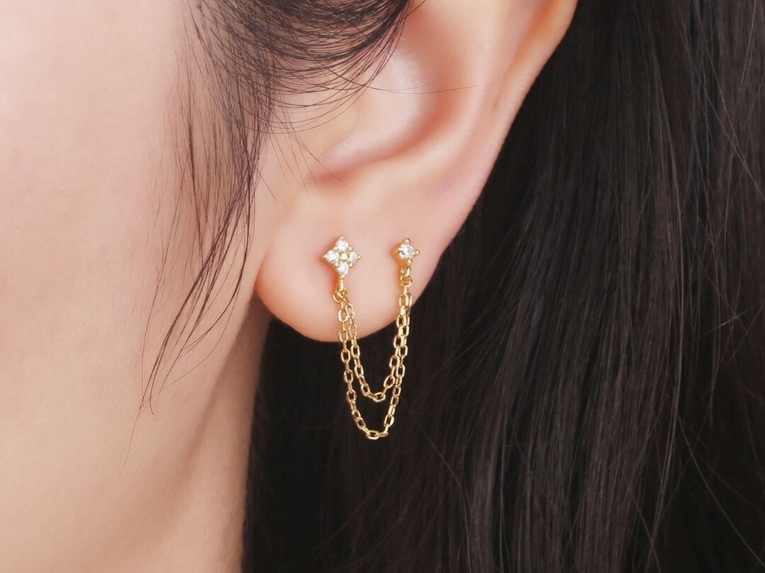 Double Stud Drop Chain Earrings Cartilage Chain Loop Stud - Etsy