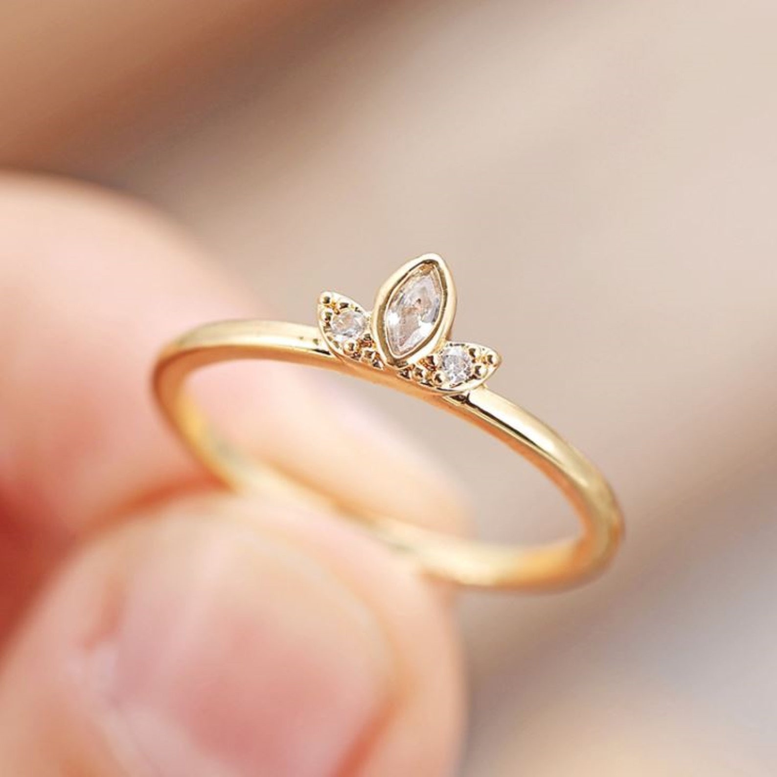 Gold Dainty Tiara Ring 3 CZ Marquise Leaves Flower Tiara - Etsy