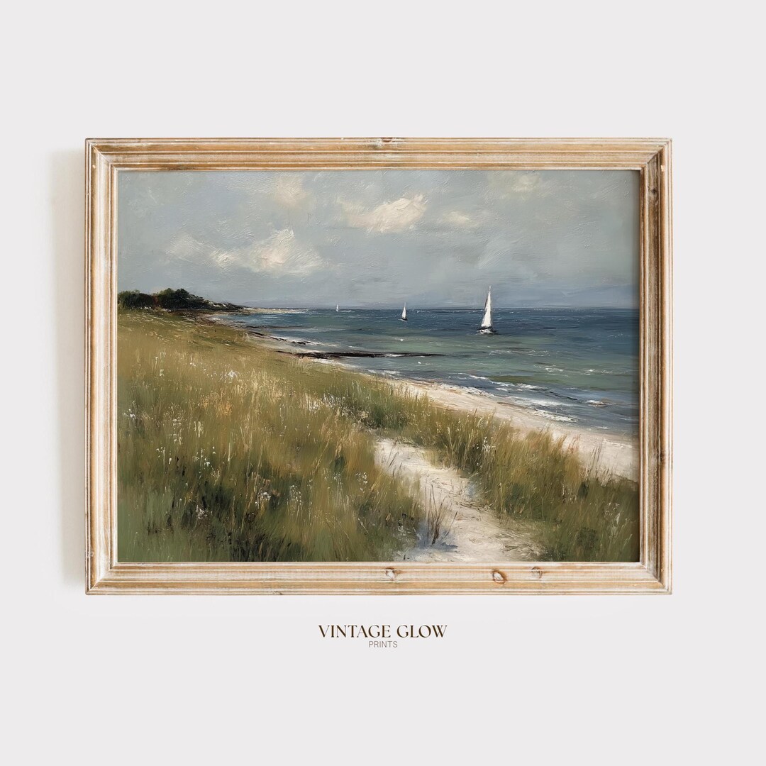 Sailboats Seaside Landscape Print | Nautical Coastal Cottagecore Ocean ...