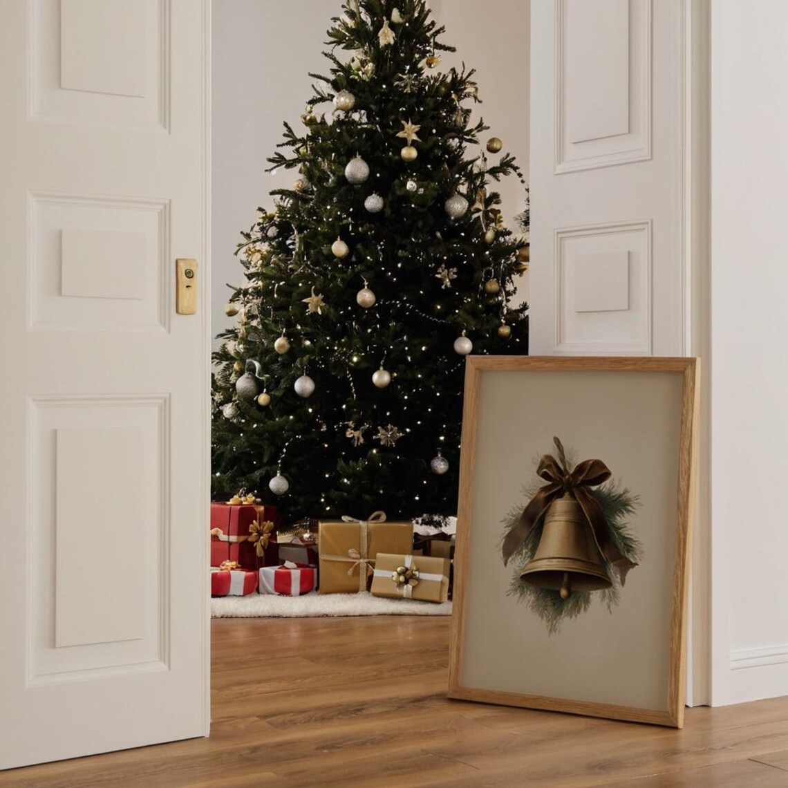 Christmas Bell With Pine & Brown Ribbon Print | Neutral Rustic Winter ...