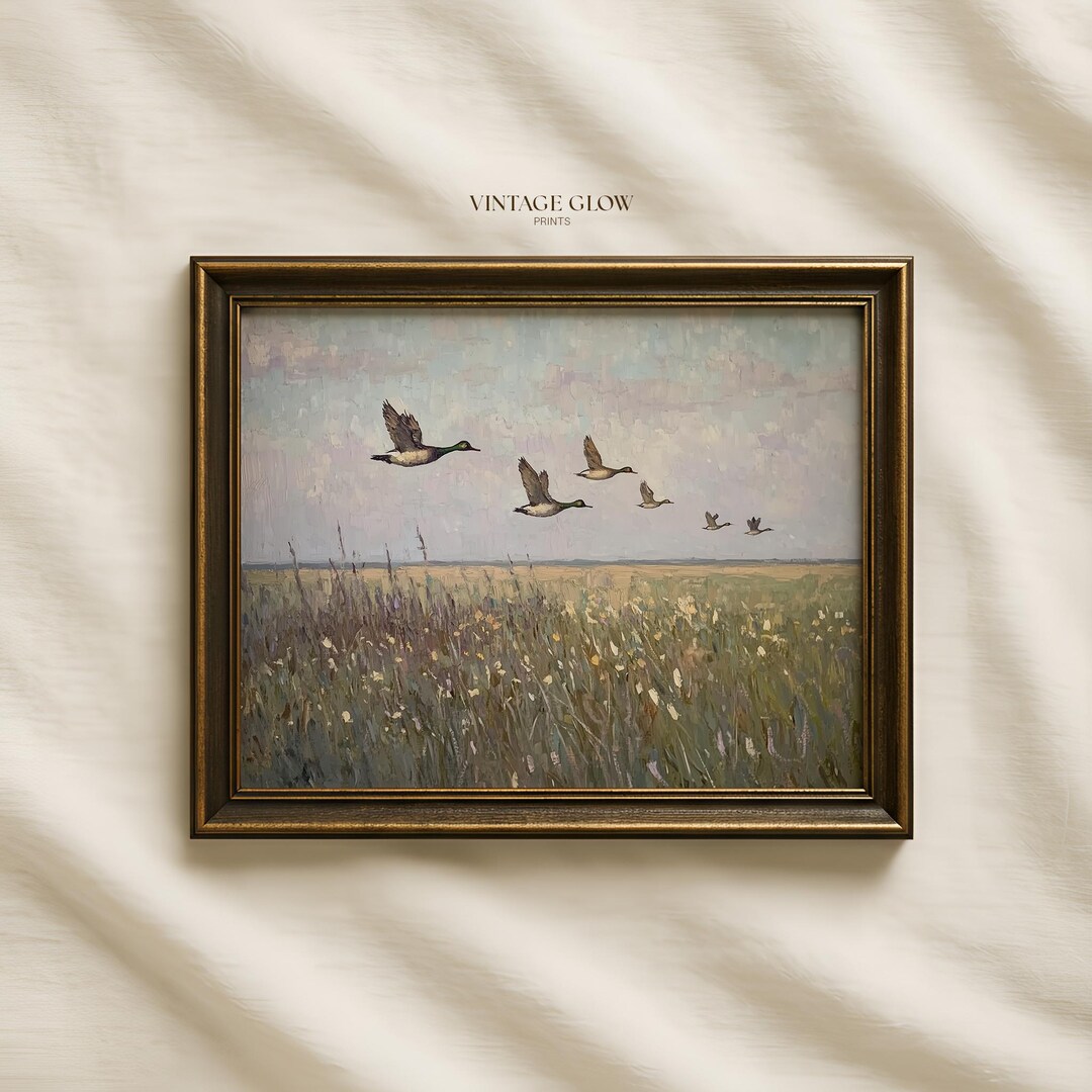 Flying Ducks Landscape Print | Vintage Rustic Countryside Nature Wall ...