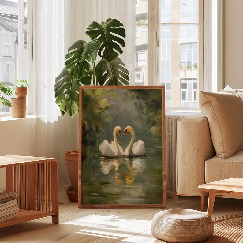 Swan Couple Art Print | Moody Neutral Wall Decor | Soft Pink Farmhouse ...