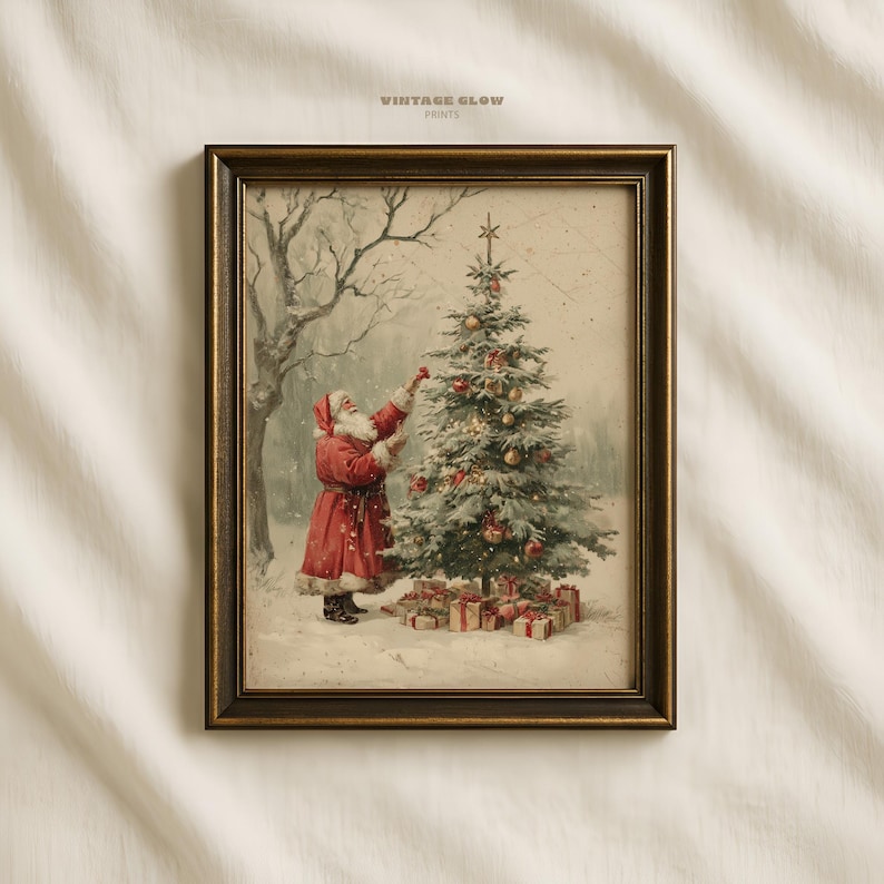 Vintage Santa Claus Christmas Tree Art Print | Winter Forest (digital ...