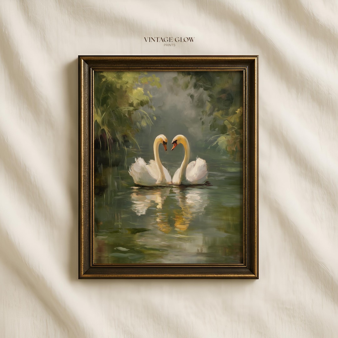 Swan Couple Art Print | Moody Neutral Wall Decor | Soft Pink Farmhouse ...