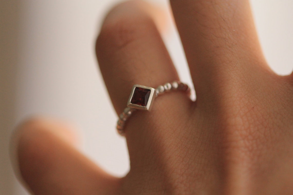 Genuine 4mm Square Cut Gemstone Ring with 14k Sterling Silver | Etsy