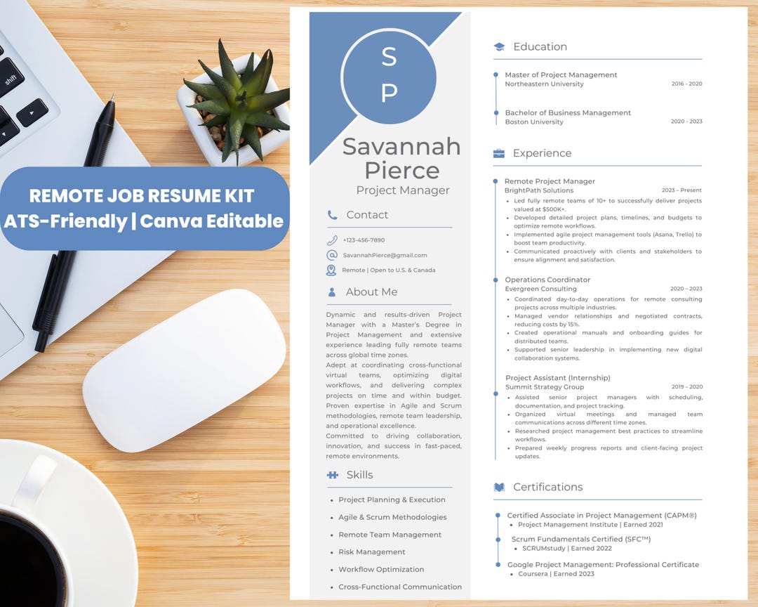 Remote Job Resume Template | Ats-friendly & Editable Canva CV Kit for ...