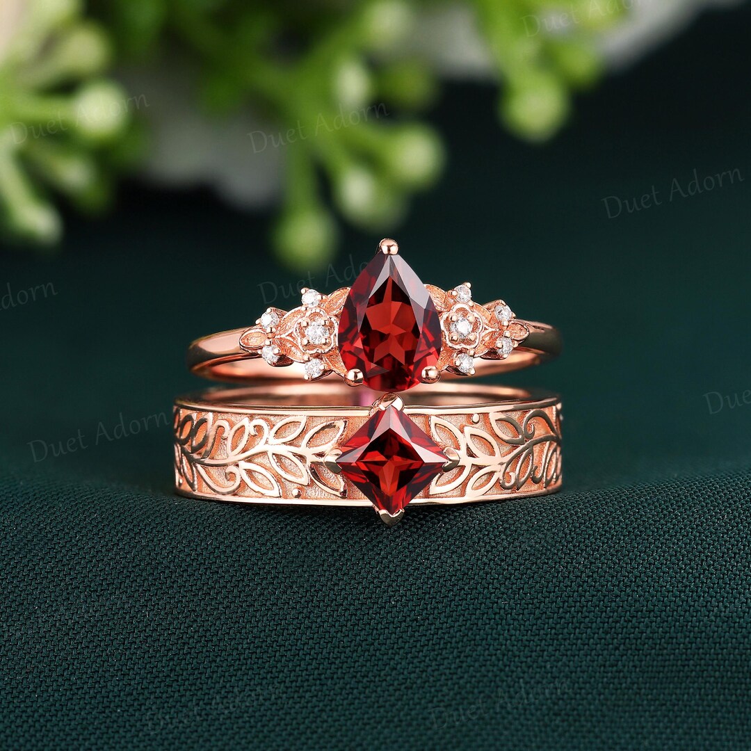 2PCS Antique Ruby Couple Wedding Ring Set Leaf Floral Couple Promise ...